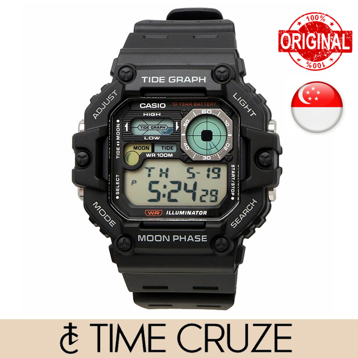 [Time Cruze] Casio WS-1700 Dual Time Moon Data Tide Graph Black Resin ...