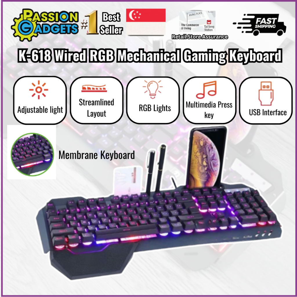 [SG Local Seller] K-618 Wired RGB Light Mechanical Gaming Membrane Keyboard Multi-Media USB ...