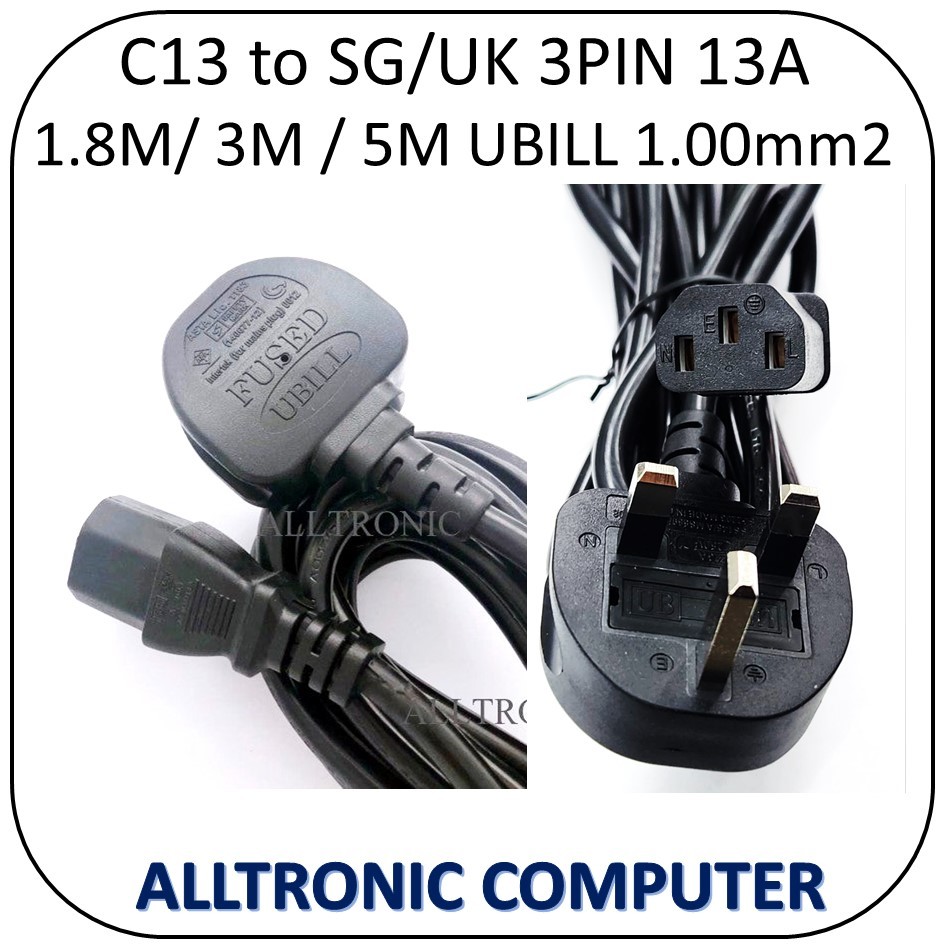 1.00mm2 UBILL C13 to UK SG/UK 13A 1.8M/ 3M/5Meter Power Cable w/ Safety ...