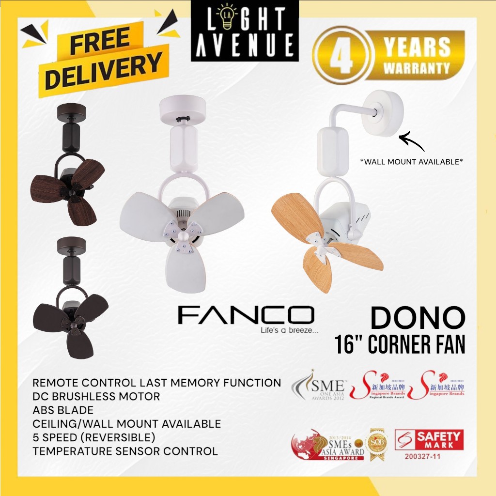 FANCO Dono Corner Fan With Remote Control 3 Blade 16"(Ceiling & Wall ...