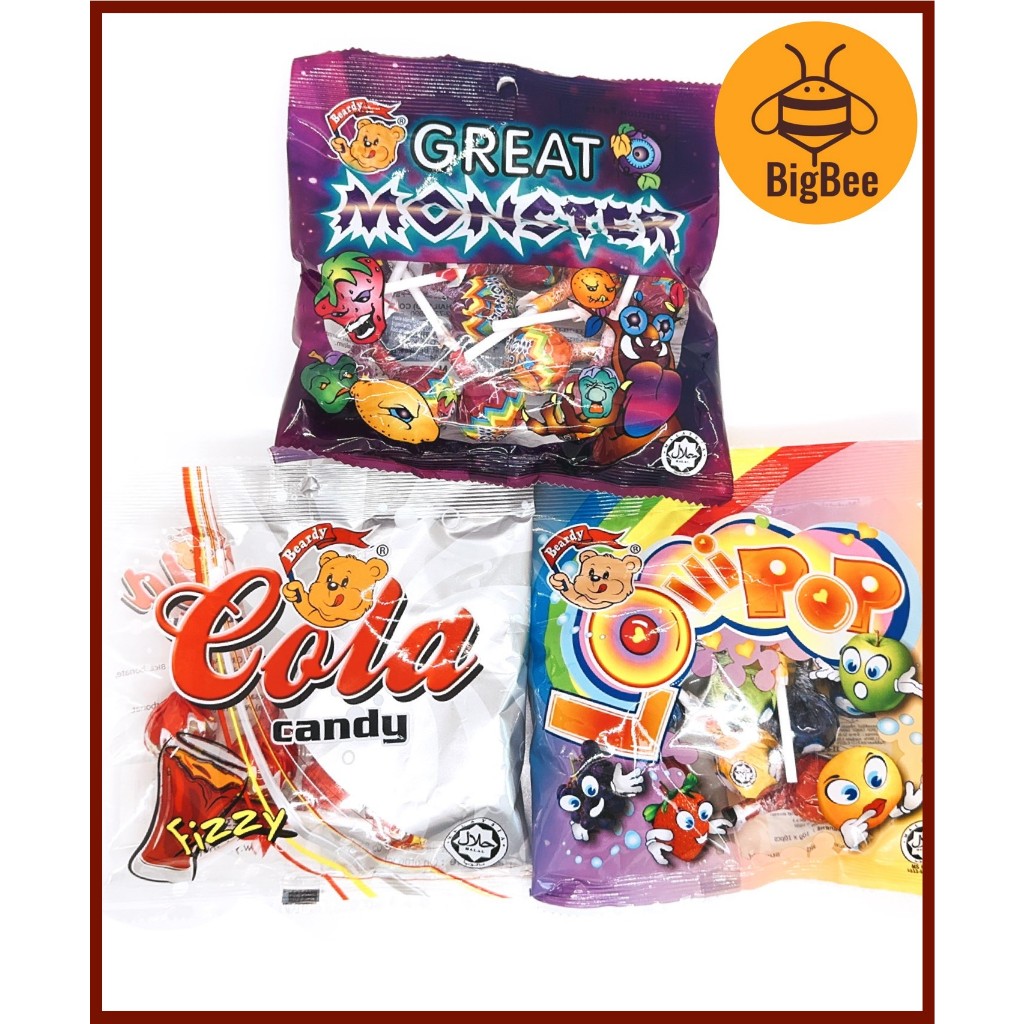 Beardy Lollipop - 10's / pkt (100g) Great Monster, Mix Fruit, Fizzy ...