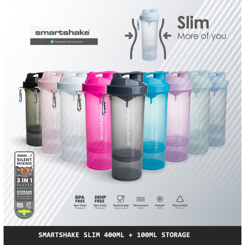SMARTSHAKE SLIM Bottle 400ML w/ 100ml Detachable Storage Compartment ...
