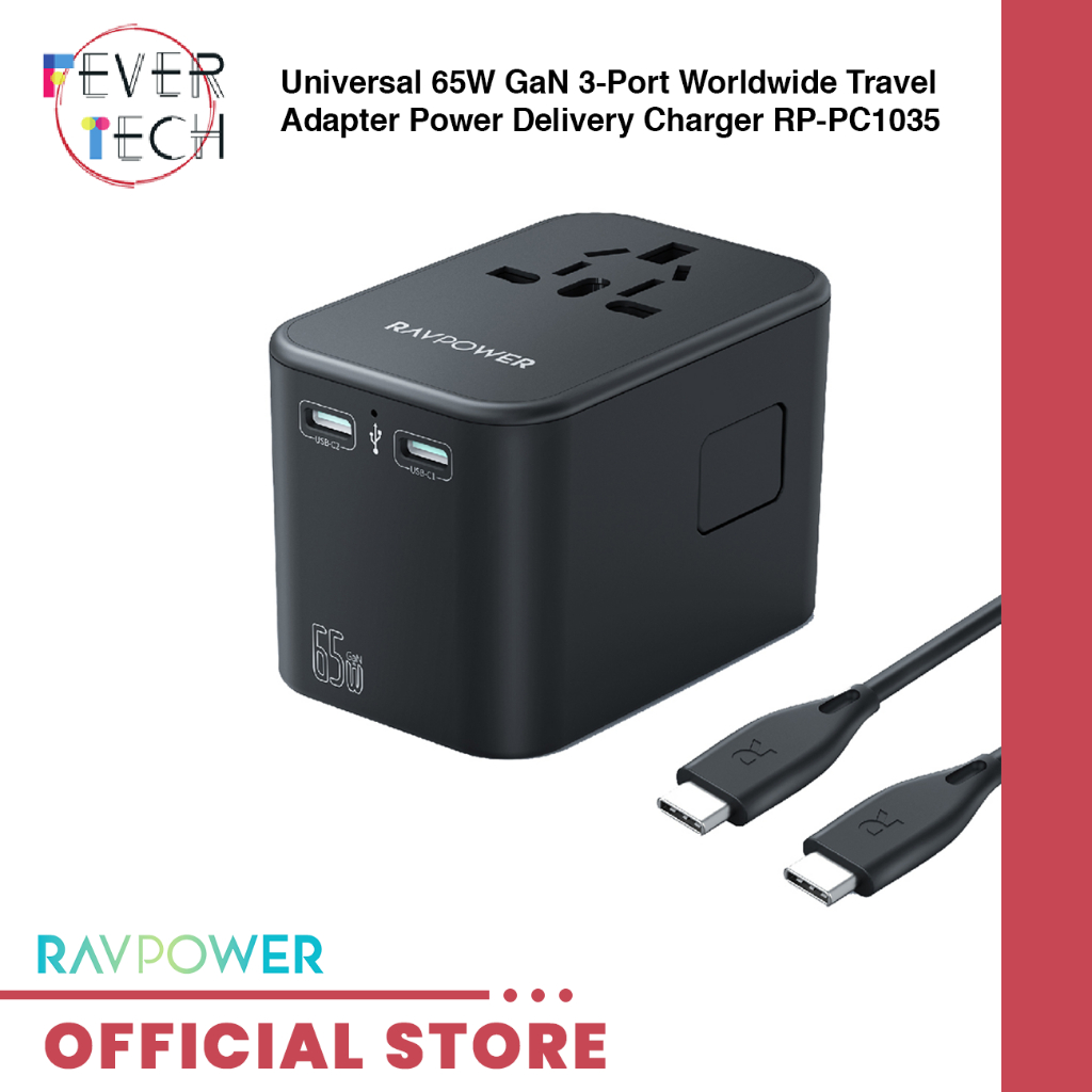 RAVPower Universal 65W GaN 3-Port Worldwide Travel Adapter Power ...