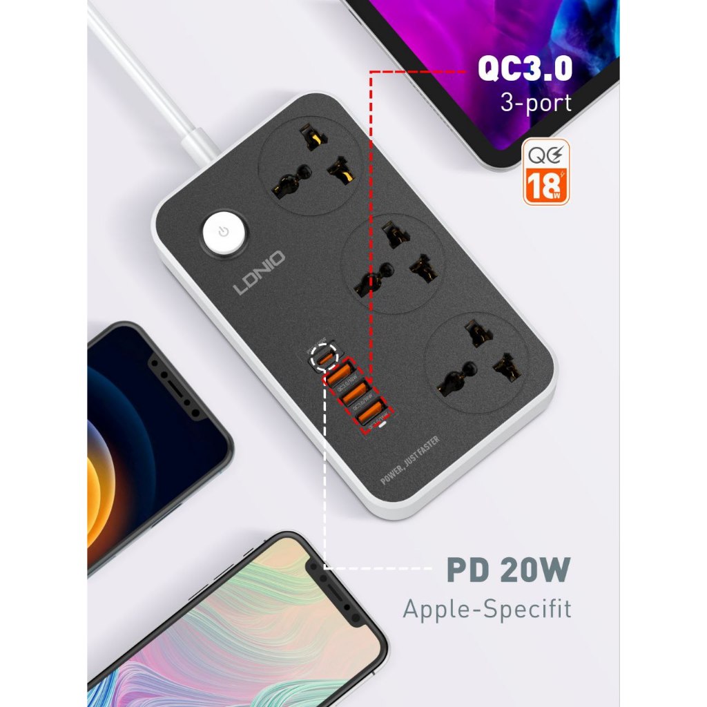 Multifunction Power Strip with 20W USB-C PD, 3-Port QC 3.0, and 3 AC ...