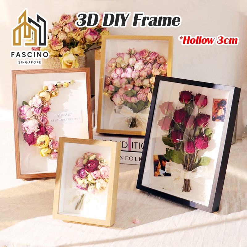 【SG】3D Frame DIY Wooden Glass Shadow Box Display Dried Flower Holder ...