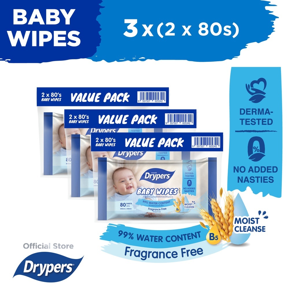 [Bundle Of 3] Drypers Baby Wet Wipes Oat - Fragrance Free (2x80s+20s ...