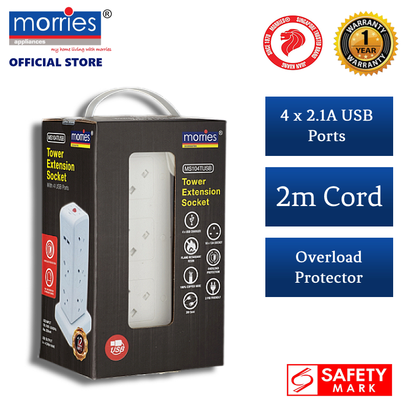 Morries 10 Way Tower Extension Socket W/ 4 USB MS104TUSB | Shopee Singapore