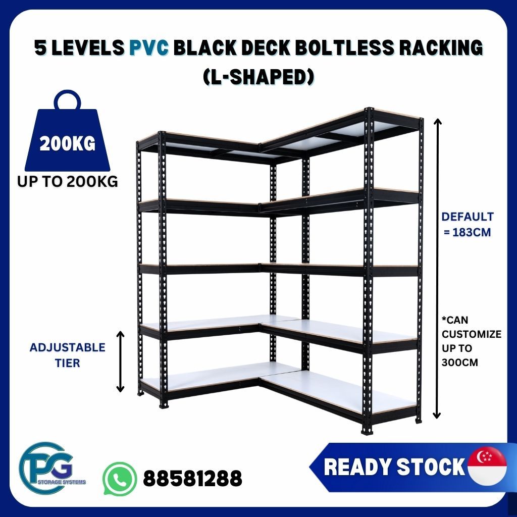 L-Shaped 5 Levels PVC Deck Black Boltless Racking (Depth 45+30cm) *With ...