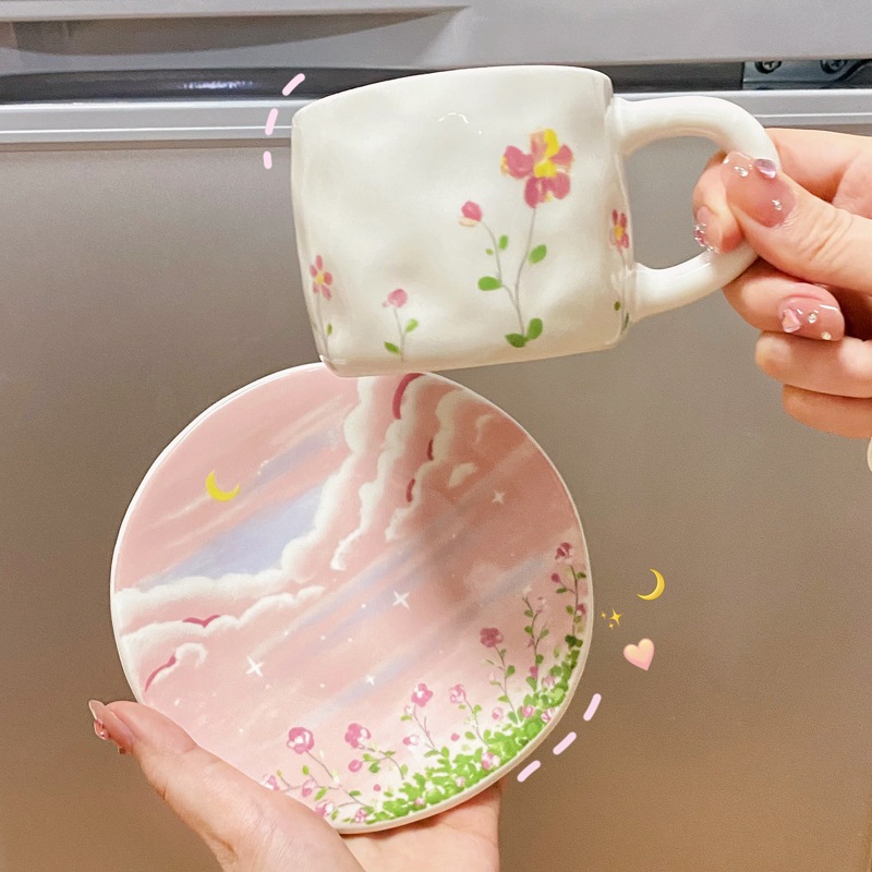 [Pass]Cute and FunnyPink Flower Sea Coffee Cup Mug and Saucer Set Hand ...