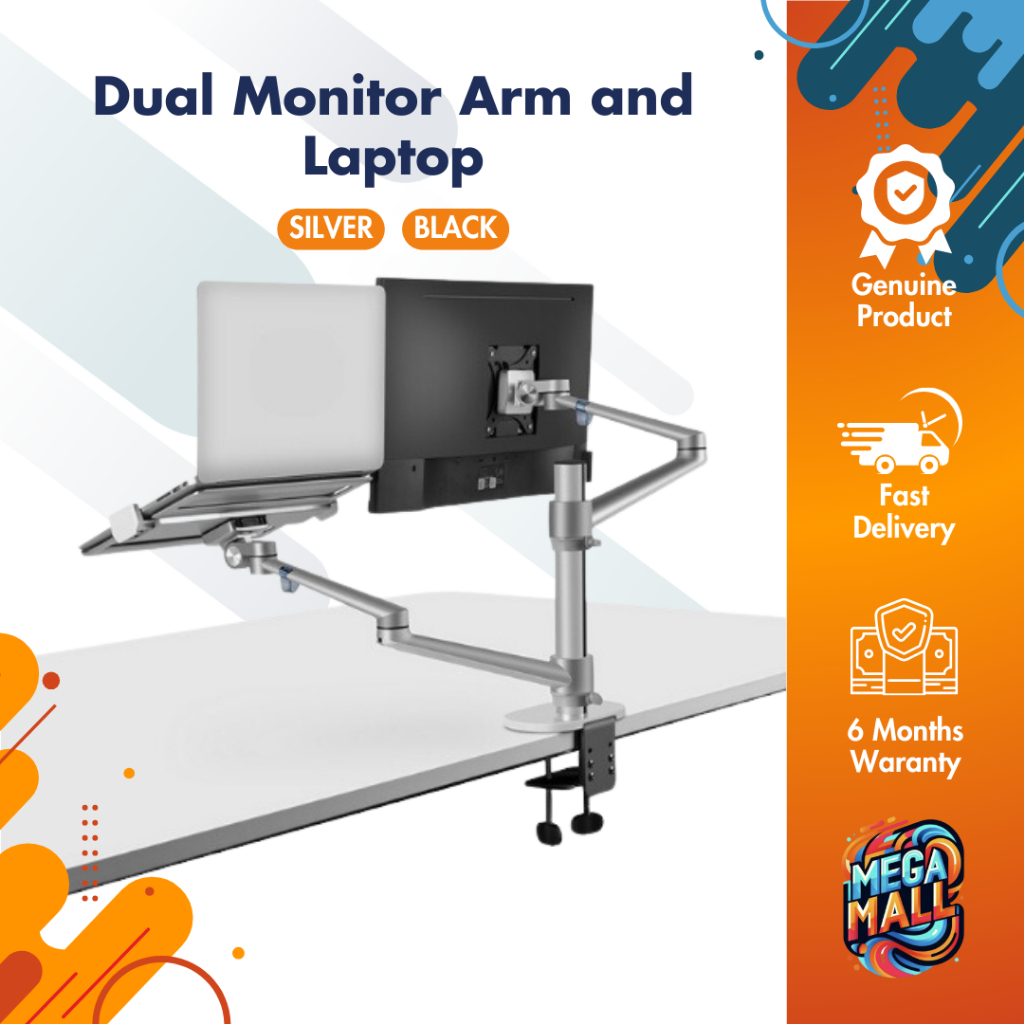 Dual Monitor Arm & Laptop Holder - Height Adjustable, Fits 17-32 ...