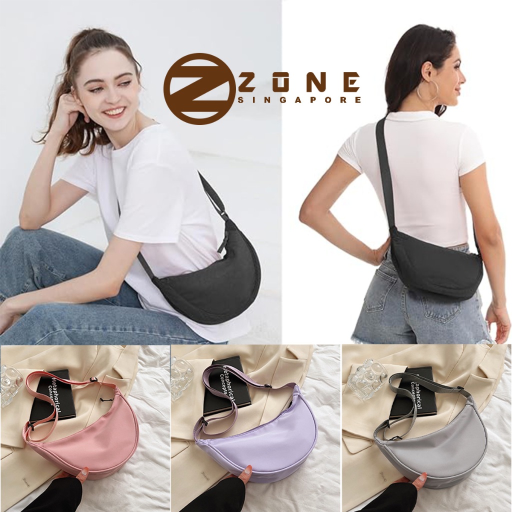 [SG STOCK] Women Canvas Dumpling Bag Travel Crossbody Bag Half Moon ...