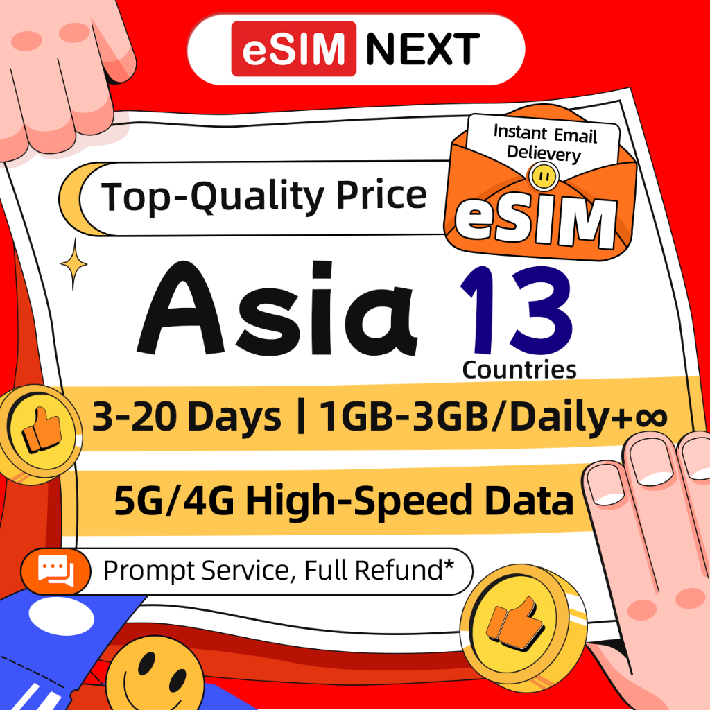 Asia 13 Countries eSIM 5G High speed 3-20 Days Unlimited Data Southeast ...
