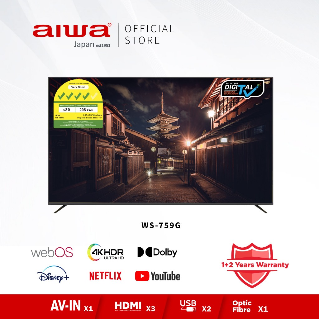 AIWA 75″ | 759G | 4K Ultra HD | WebOS Smart TV | Frameless TV | Shopee Singapore