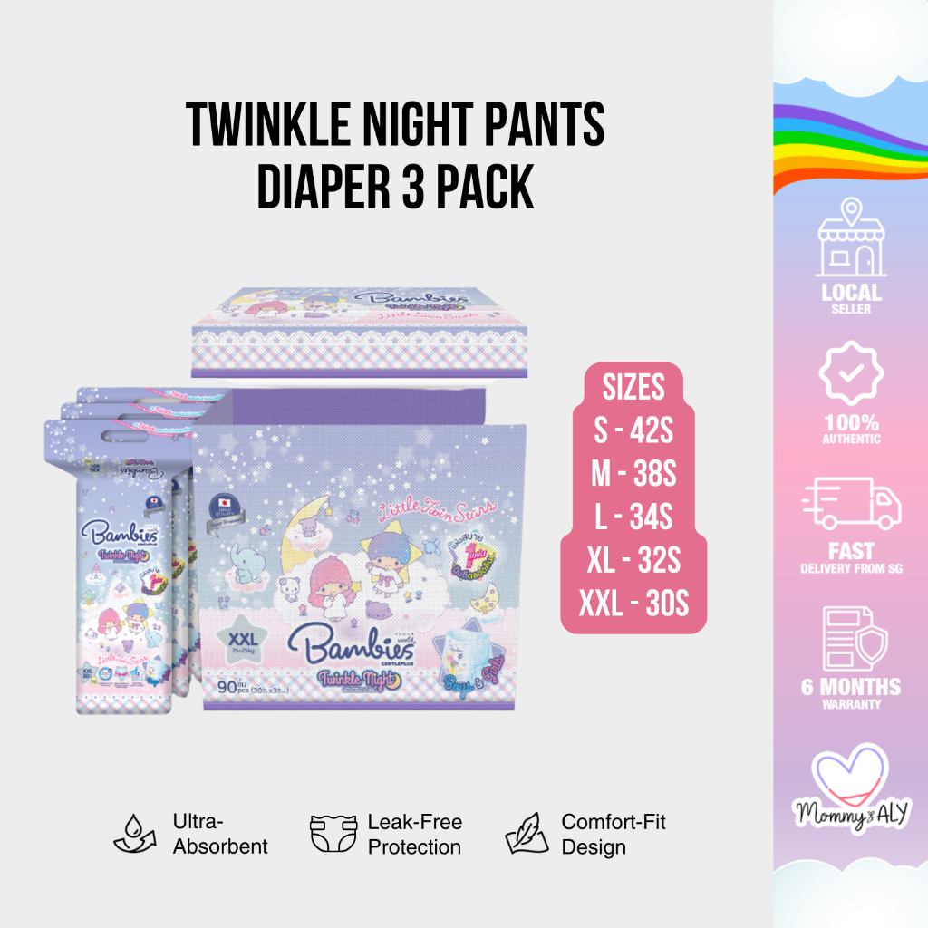 Bambies Twinkle Night Pants Diaper Size S-XXL x 3 pack Comfy Leak-Free ...