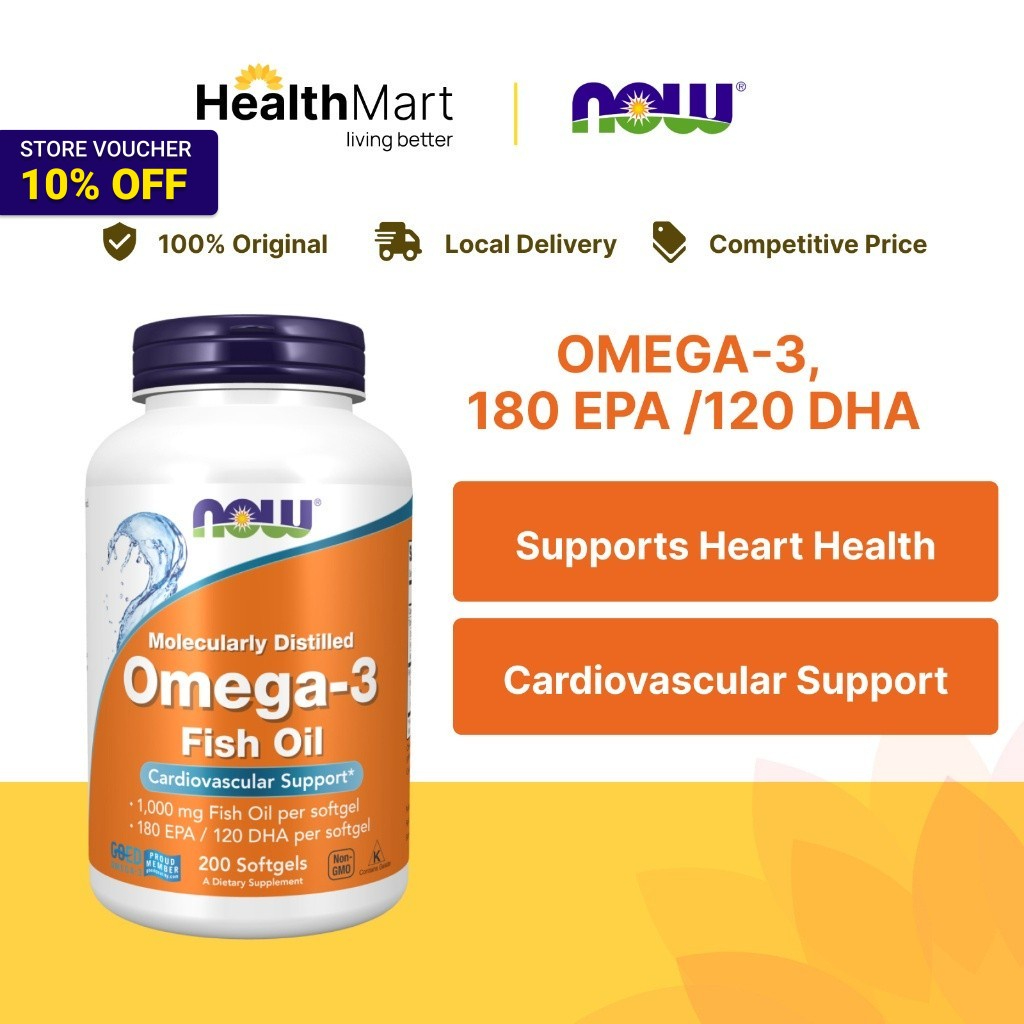 [SG] Now Foods, Omega-3, 180 EPA /120 DHA, Molecularly Distilled, 200 Softgels/Fish Softgels ...