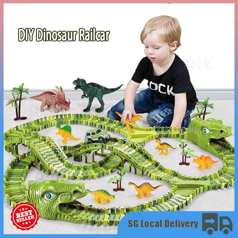 Electric DIY Dinosaur Cars Track Set Rail Car Dinosaur Racing Game Toys ...