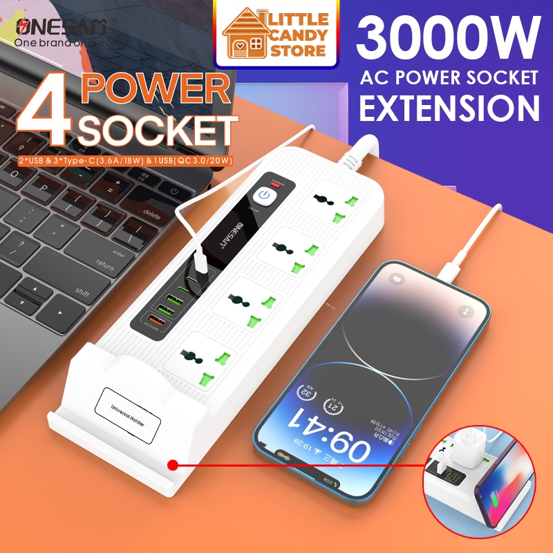 3000W AC Power Socket Extension Plug 2 Meters with Type-C PD USB Fast ...
