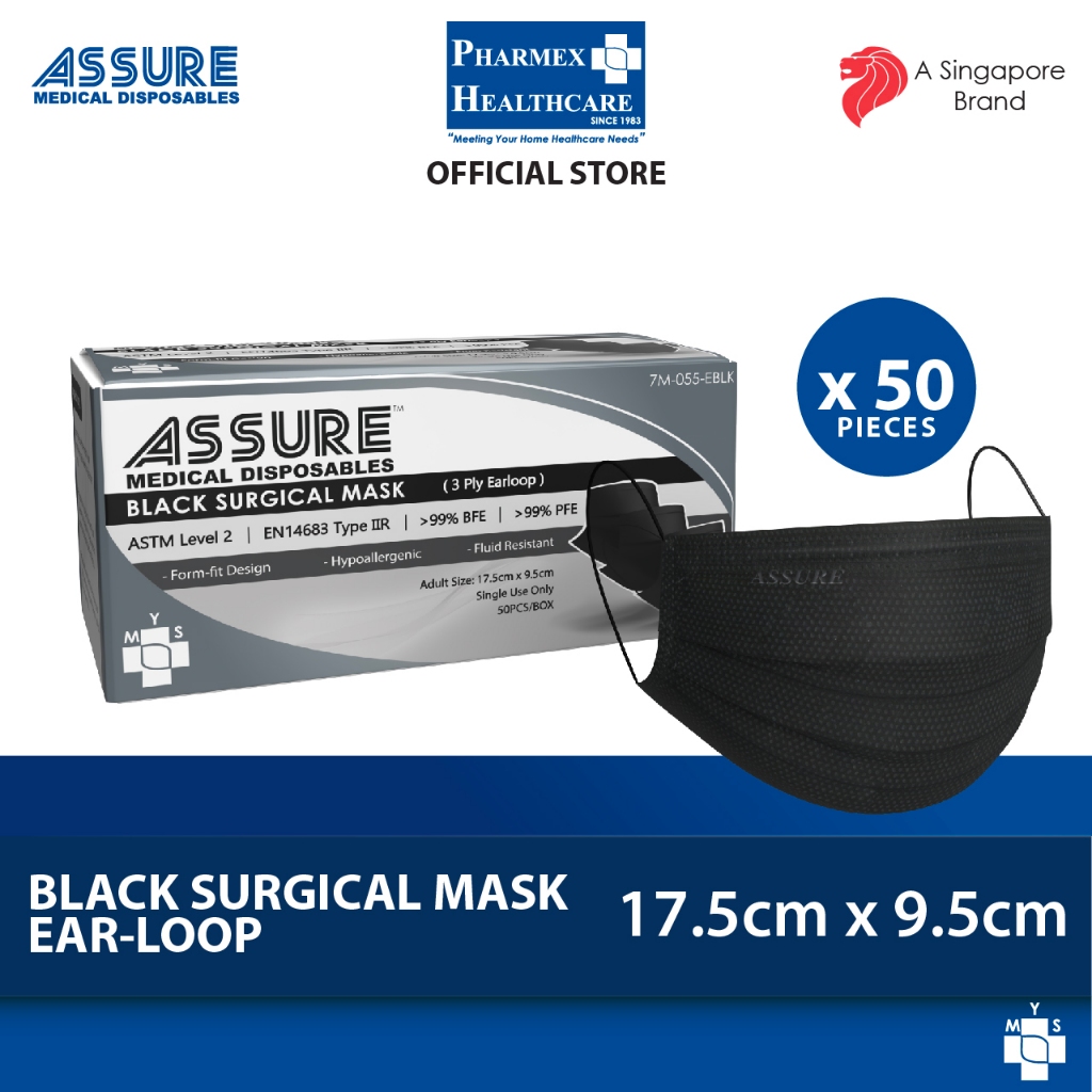 ASSURE Black Surgical Face Mask 3-Ply With Ear- Loop, 50'S/Box | Shopee ...