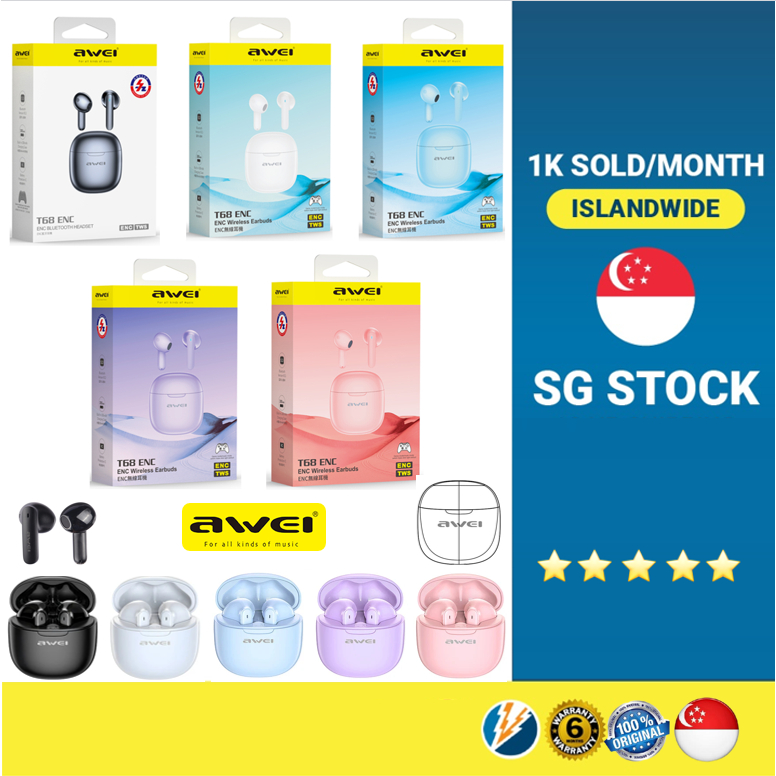 (SG) AWEI T68 ENC TWS Earbuds Bluetooth 5.3 New Chip 6 Hours Used Time ...