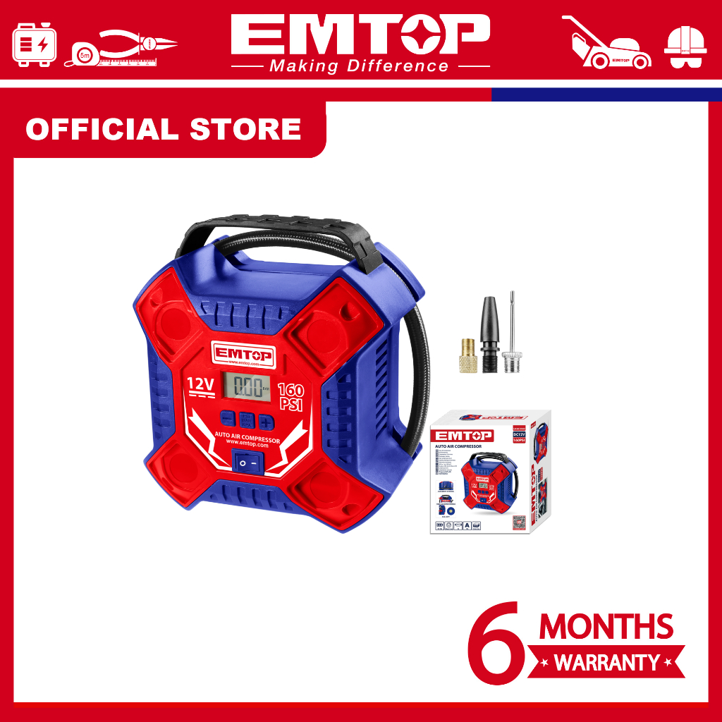 EMTOP 12V Portable Auto Air Compressor With Auto-Shutoff For Car ...
