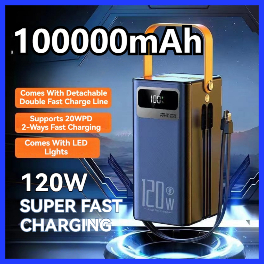 ⚡100000mAh 120W Ultra-Fast Power Bank |⚡7 Devices | Built-in Cables+LED ...