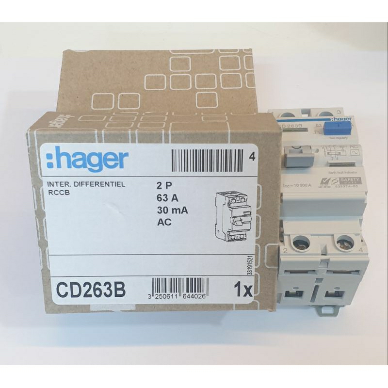 Hager CD263B/CE263B/CF263B, 63A 2 Pole 30mA/100MA/300MA Current Circuit ...