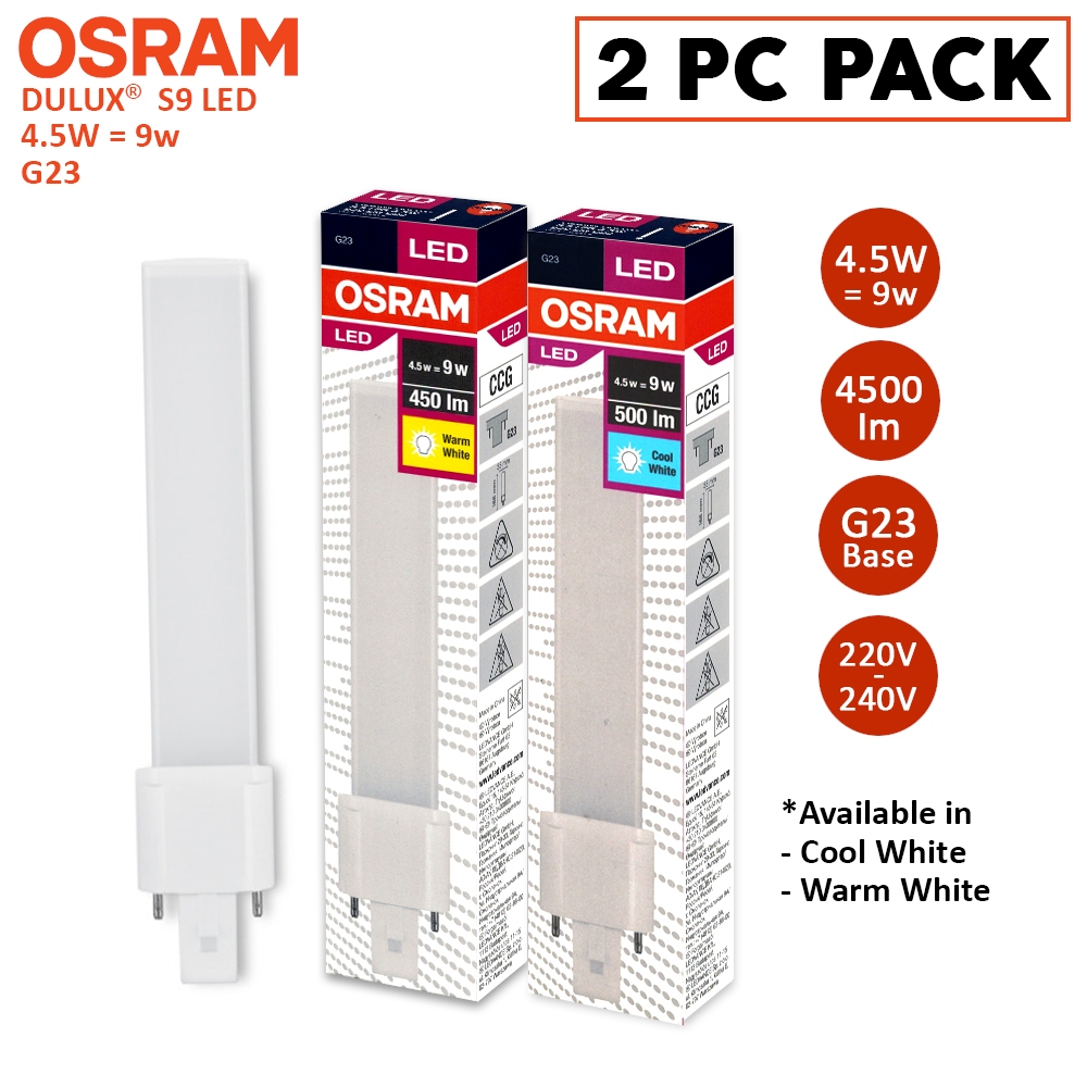 2 PC Pack | OSRAM DULUX S 9 LED | 4.5W = 9W | G23 | 220-240V ...