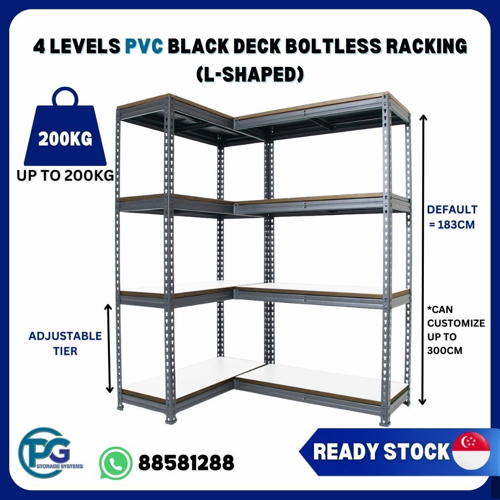 L-Shaped 4 Levels PVC Wood Deck Black Boltless Racking (Depth 45+45cm ...