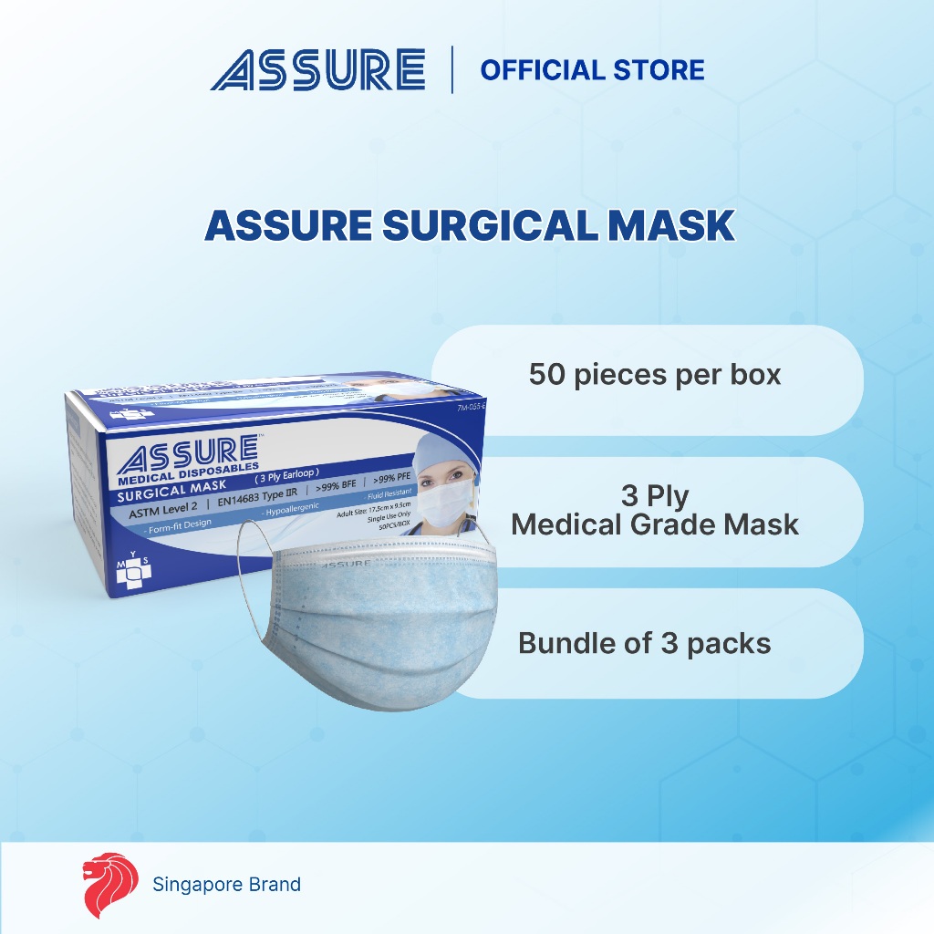 [Bundle of 3] ASSURE Surgical Face Mask 3-Ply With Ear- Loop 50'S/Box ...