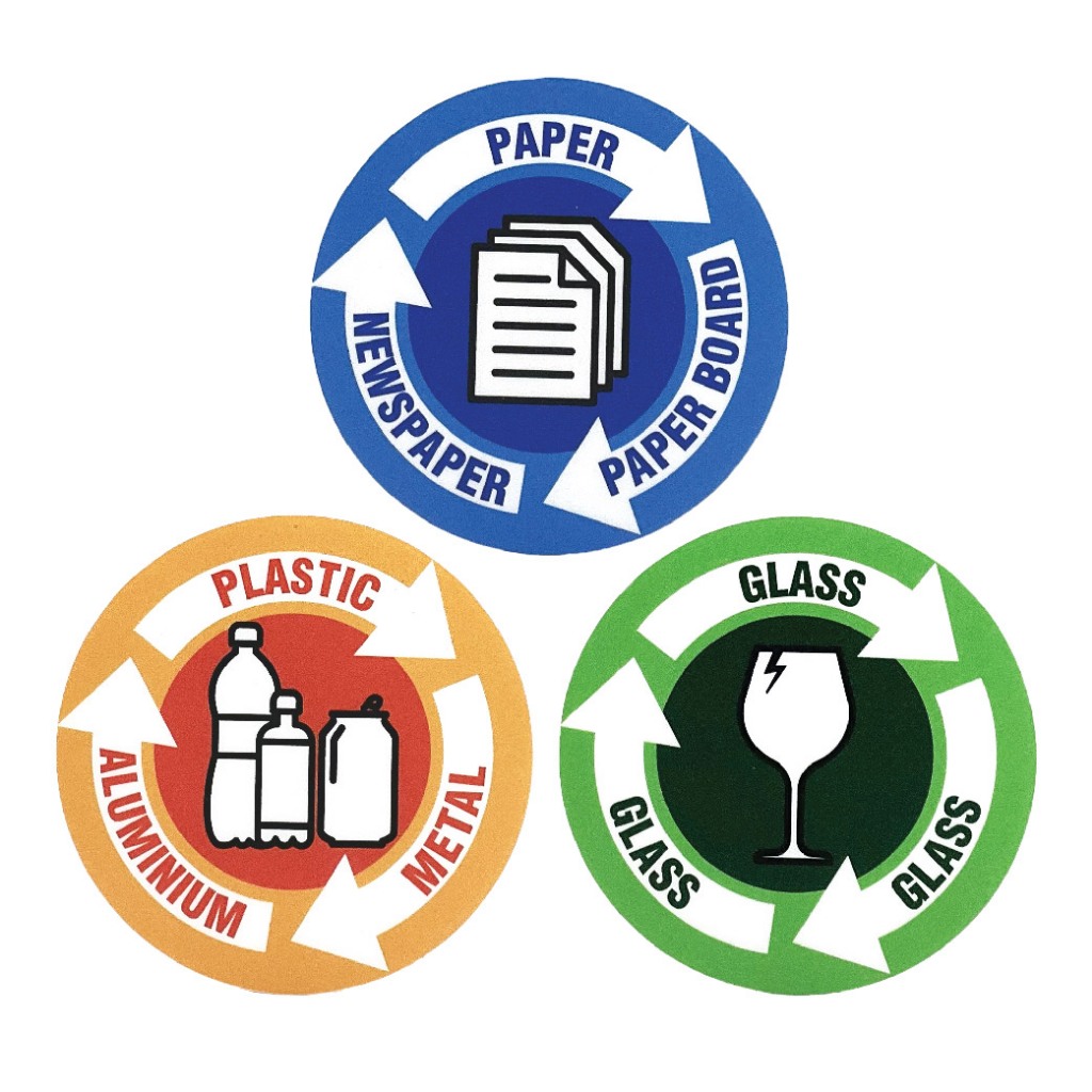 RECYCLE PAPER / PLASTIC / GLASS Sticker | 100mm(Diameter) | RUBBISH BIN ...