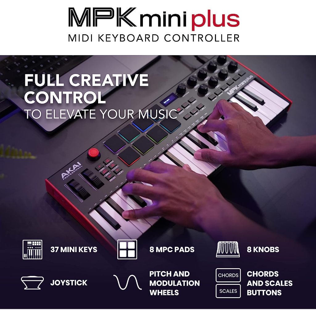 Akai Professional MPK Mini PLUS - USB MIDI Keyboard Controller with 37 Mini Keys, 8 MPC Pads ...