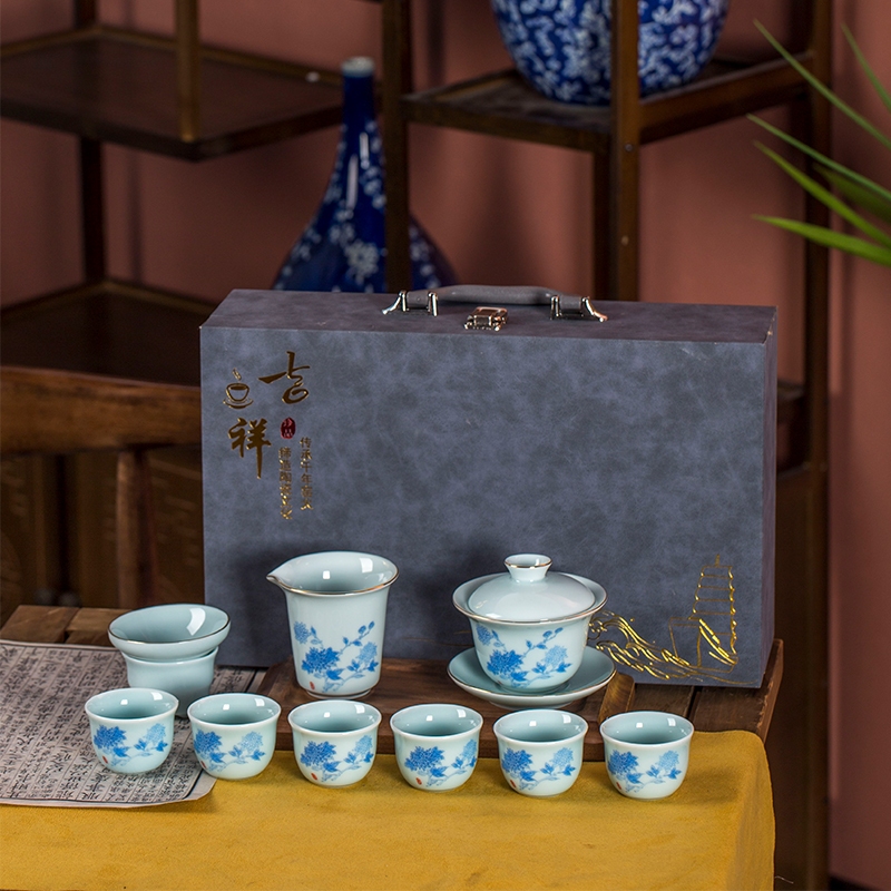 Chinese-Style Traditional Ceramic Teapot Water Tea Cup Set 10头青瓷雏菊 ...