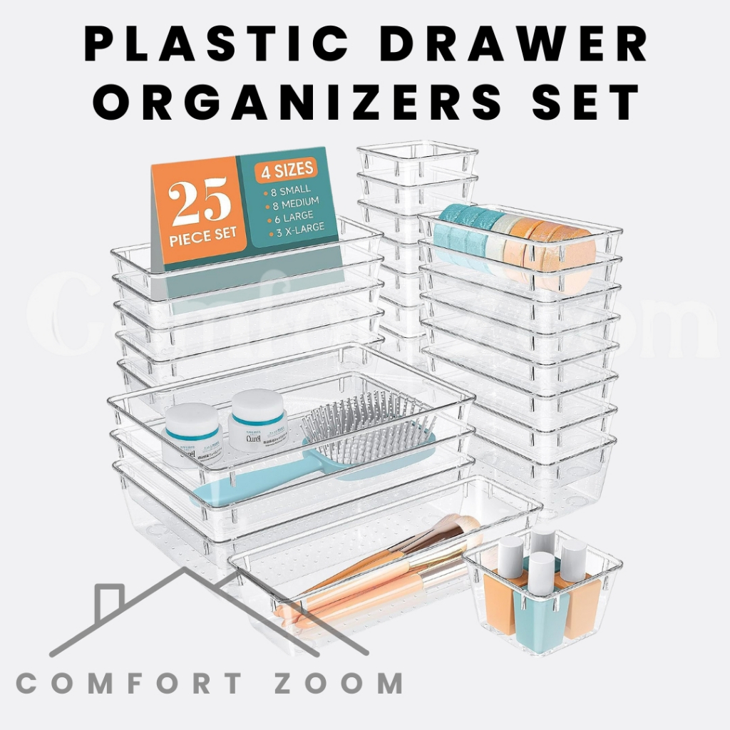 25 PCS Clear Plastic Drawer Organizers Set / 4-Size Versatile Bathroom ...