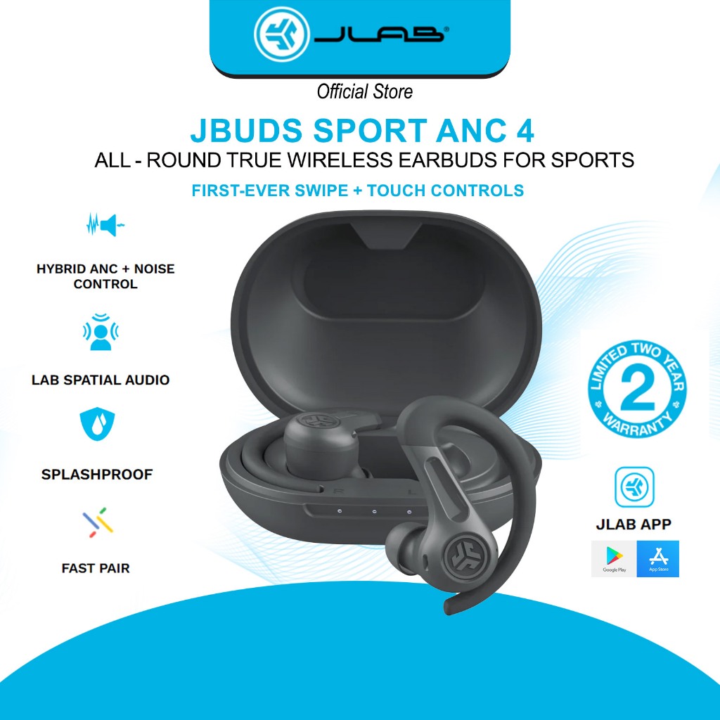 JLab JBuds Sports ANC 4 True Wireless Earbuds Hybrid ANC IP66 Swipe ...