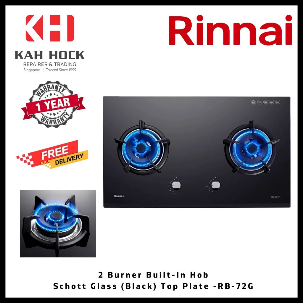 RINNAI RB-72G : 2 BURNERS BUILT-in-HOB SCHOTT GLASS (BLACK) TOP PLATE - 2 YEARS WARRANTY ...