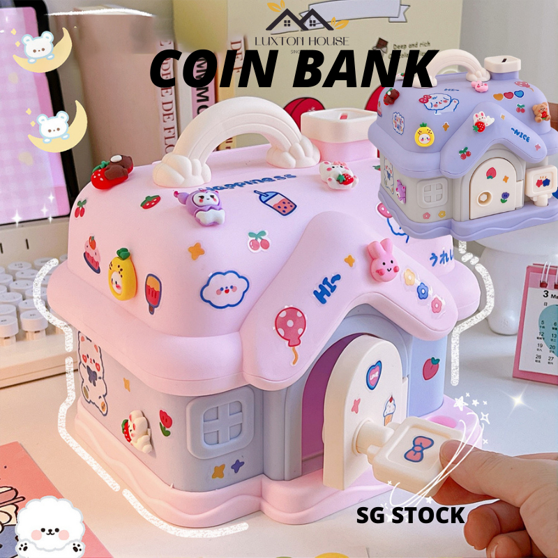 {SG} Cottage Piggy Bank with 3D Sticker Cute Coin Bank Cartoon House ...