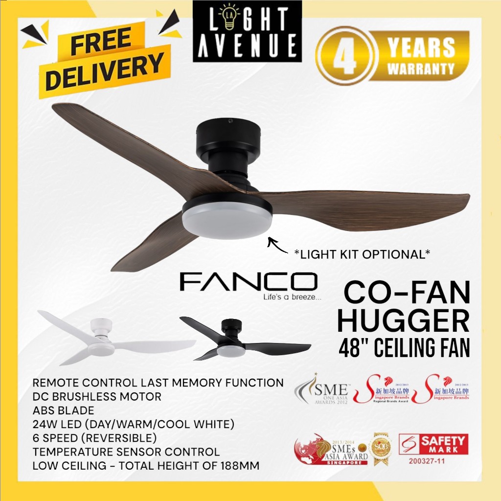 FANCO Hugger Ceiling Fan With LED Light And Remote Control 3 Blade 48 ...