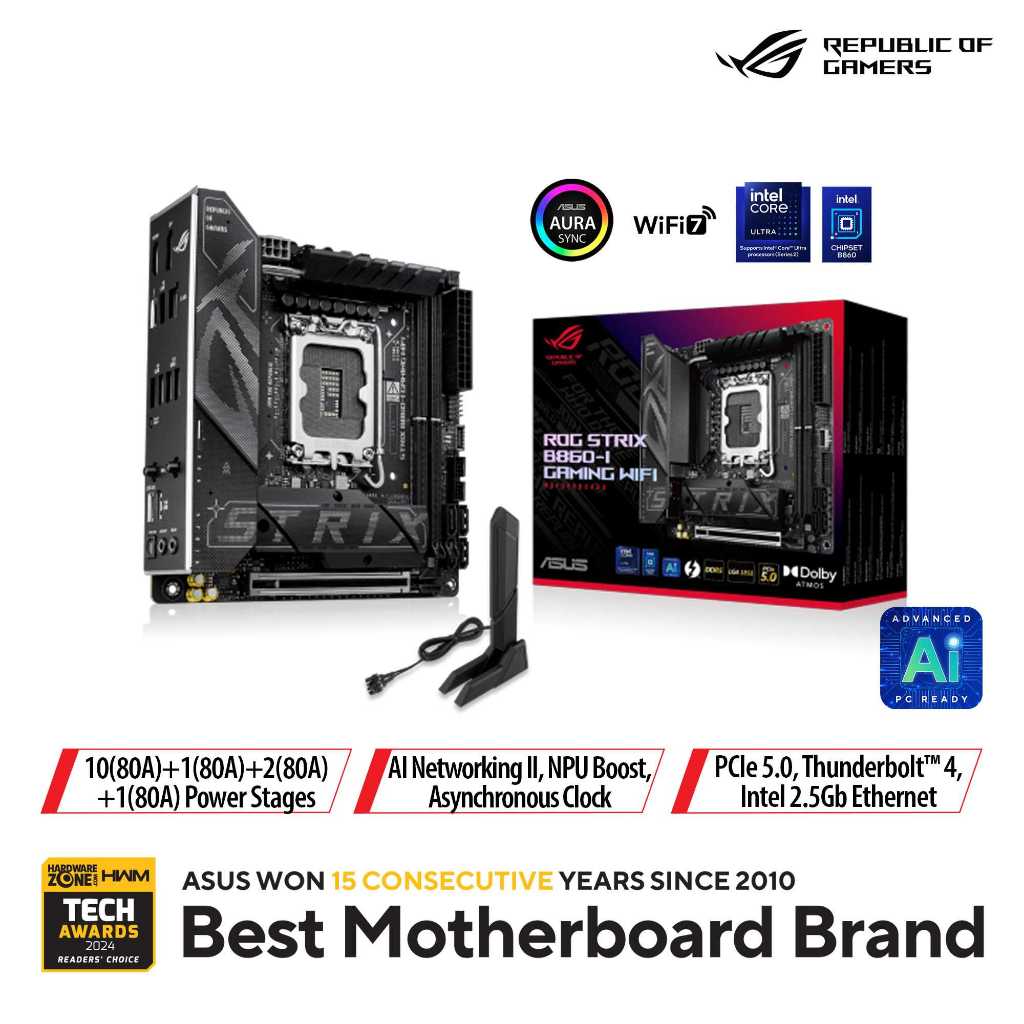 ROG STRIX B860-I GAMING WIFI Mini-ITX Motherboard - Advanced AI PC-ready, 10+1+2+1 power stages ...