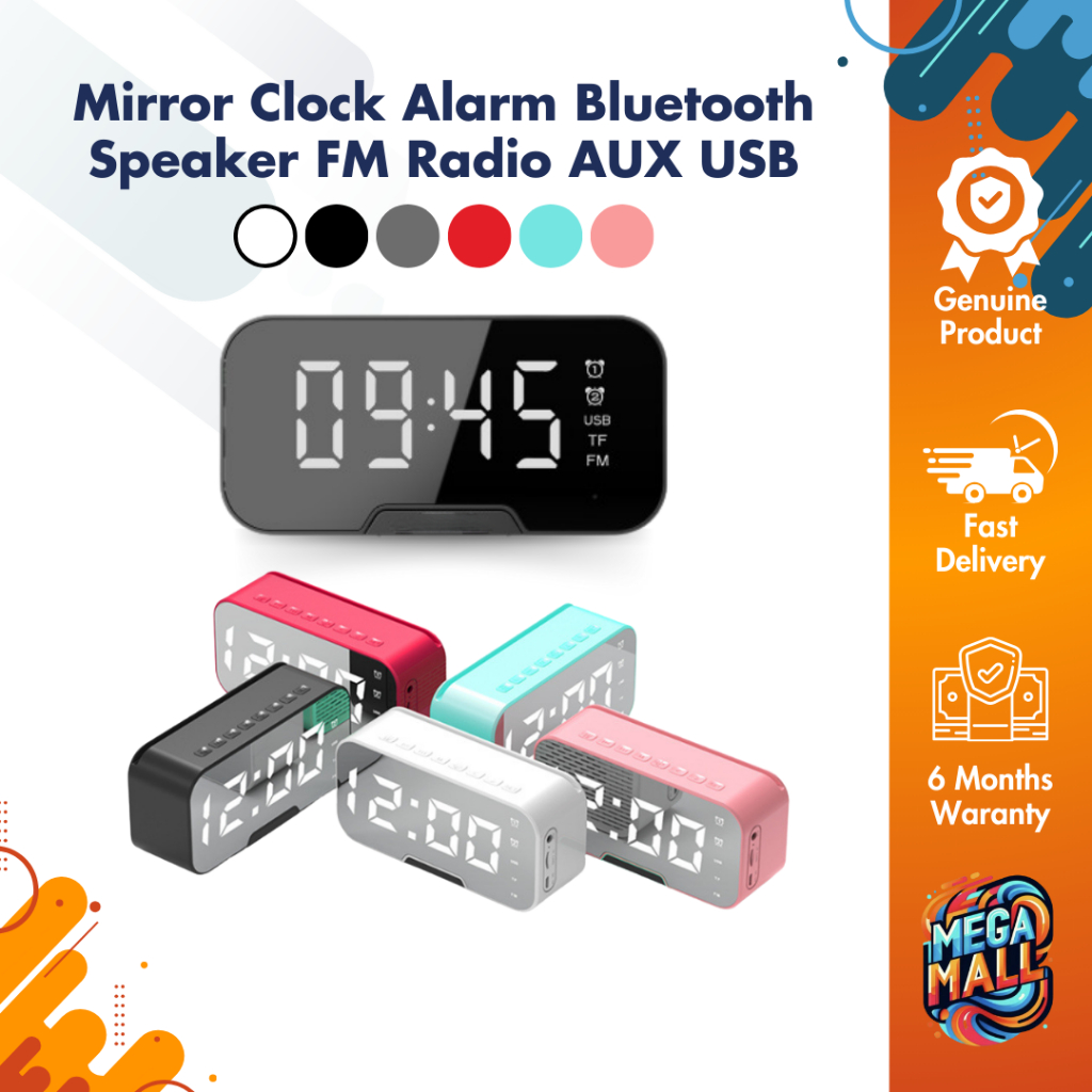 Mirror Alarm Clock Bluetooth Speaker LED Display FM Radio Built-in Mic ...