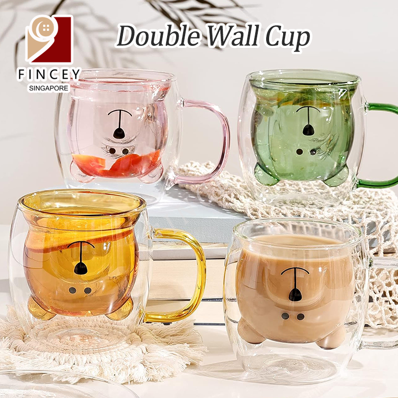 【SG】Double Wall Glass Mug Cute Bear Mugs Milk Coffee Bear Mug with ...