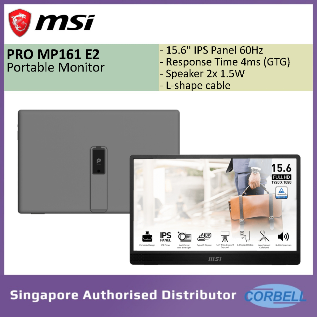 MSI PRO MP161 E2 15.6" Portable Monitor FHD/IPS Panel/60hz/4ms/Type-C/mini HDMI / Built-in ...