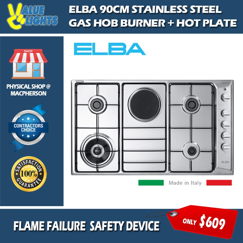 ELBA 90CM Stainless Steel Gas Hob EHS 948D1 S 4 Gas Burner + 1 Hot ...
