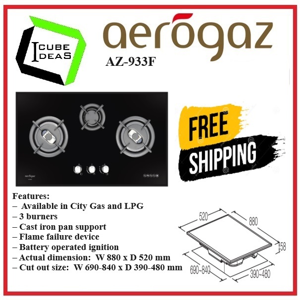 Aerogaz 90cm Tempered Glass Gas Hob (AZ 933F) | Shopee Singapore