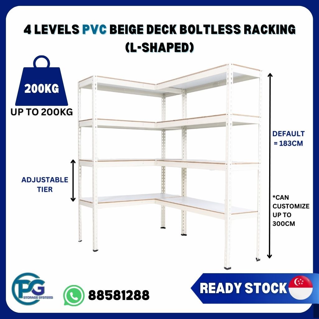 L-Shaped 4 Levels PVC Wood Deck Beige Boltless Racking (Depth 30+45cm ...