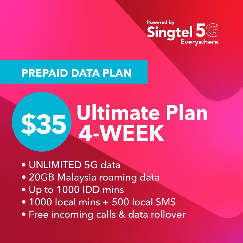 SingTel $35 Ultimate 5G unlimited data plan (included20GB Malaysia Roaming) mobile phone prepaid ...