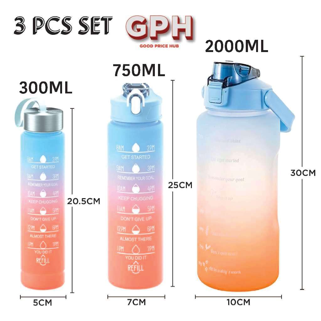 [SG LOCAL STOCK] Big Capacity Ombre Water Bottle 2L / 750ml / 300ml Airtight Push Button Bottle ...