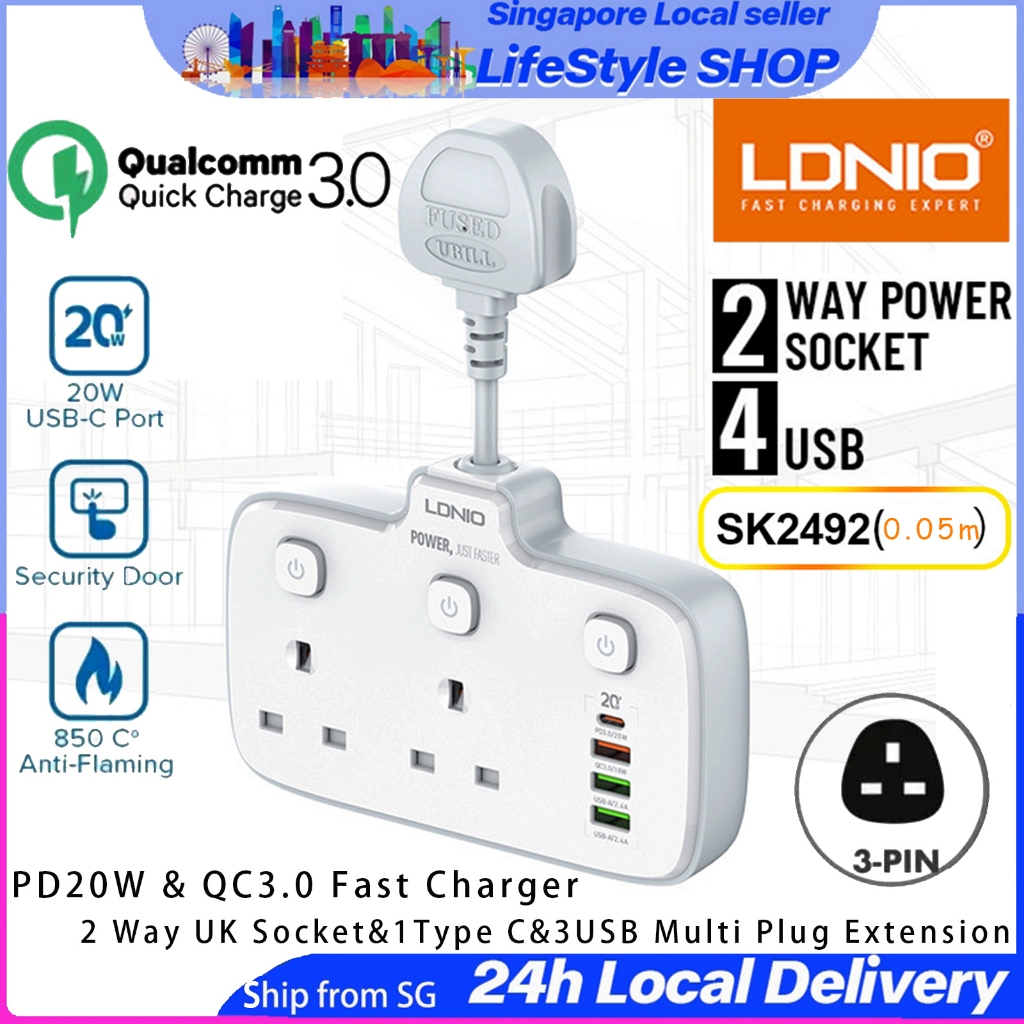 【SG SELLER】LDNIO Multi Plug Extension SK2492 with UK 2Pin+4USB Fast ...