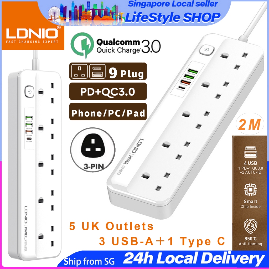 【SG SELLER】LDNIO Multi Plug Extension Cord UK 3USB 1Type C＋5Way Multi ...