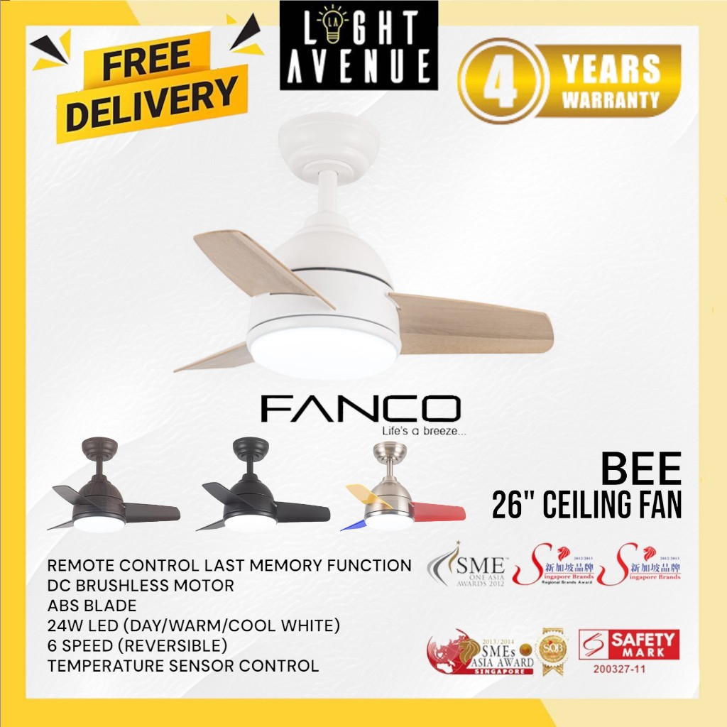 FANCO Bee Ceiling Fan With LED Light And Remote Control 3 Blade 26 ...