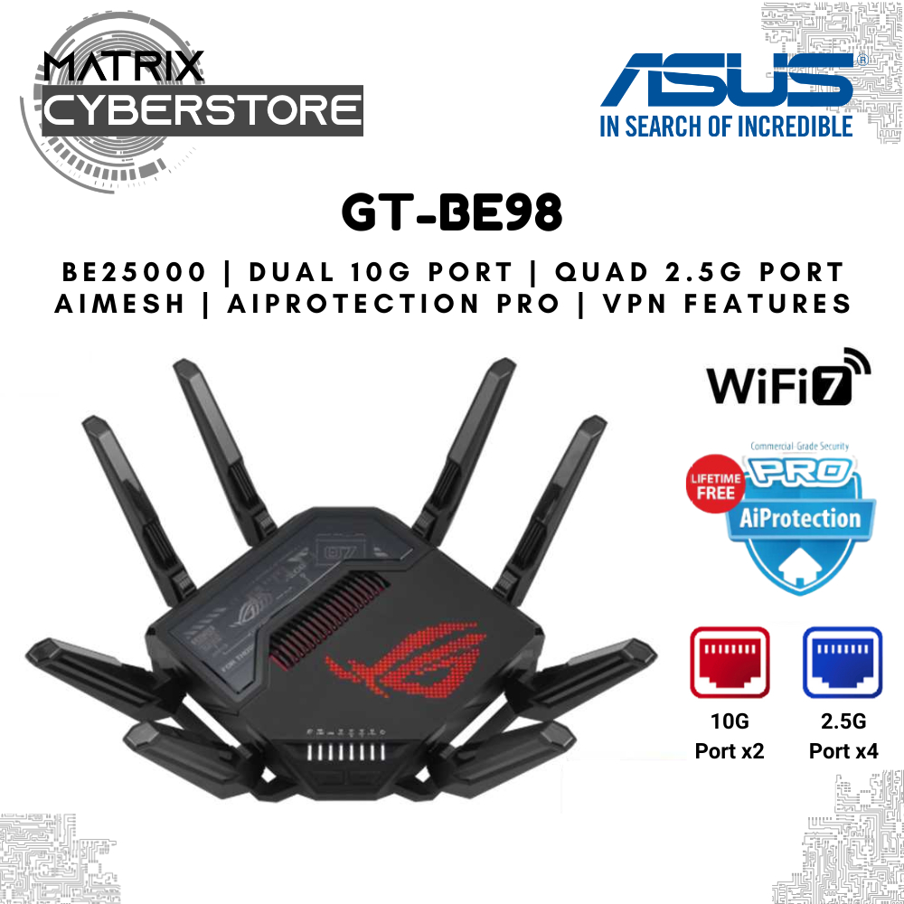 ASUS ROG Rapture GT-BE98 Quad Band WiFi 7 BE25000 Gaming Router - Dual ...